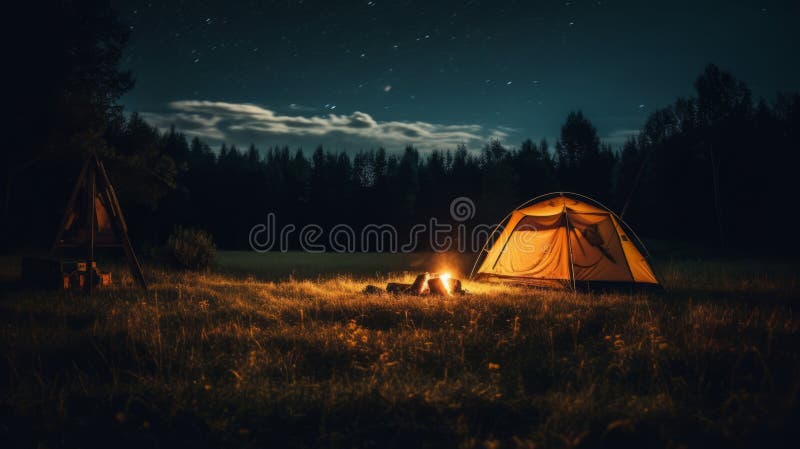 Camping Tent in the Field at Night. Generative AI Stock Illustration ...