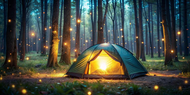 Camping Tent in the Forest Surrounded by Fireflies in the Night ...