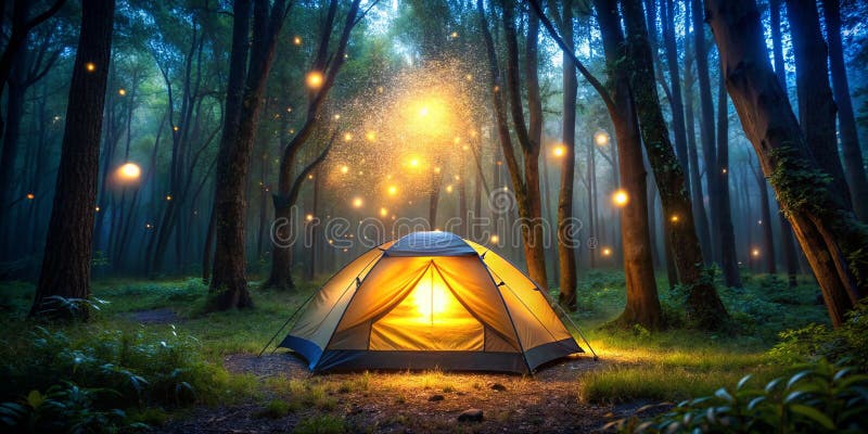 Camping Tent in the Forest Surrounded by Fireflies in the Night ...