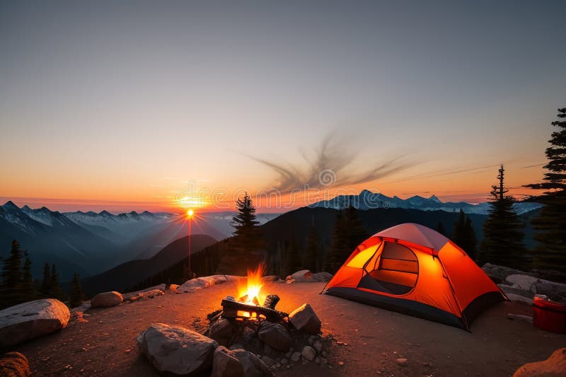 Camping Tent High in the Mountains at Sunset Stock Illustration ...