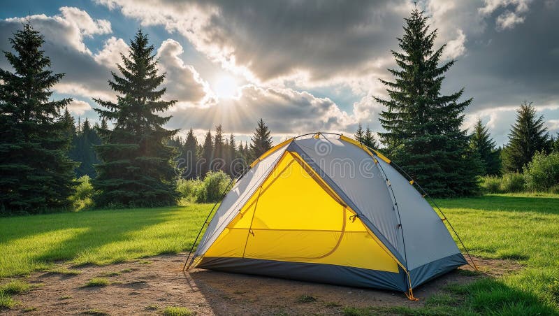 Camping Tent Illuminated by Setting Sun in a Forest Campsite Stock ...