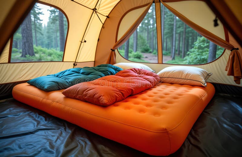 Camping Tent Interior Shows Comfortable Bed Setup with Sleeping Bags ...