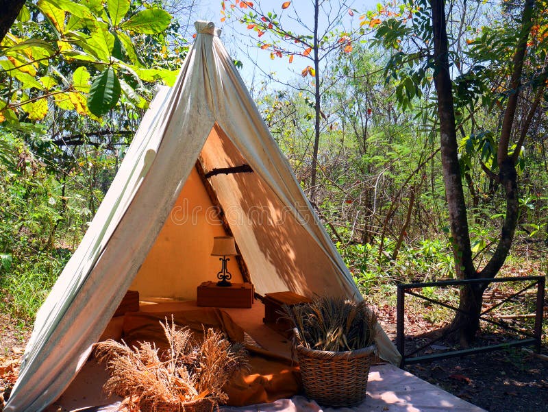 Camping Tent Interior View in a Sunny Day in the Forest Stock Image ...