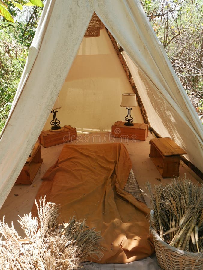 Camping Tent Interior View in a Sunny Day in the Forest Stock Image ...