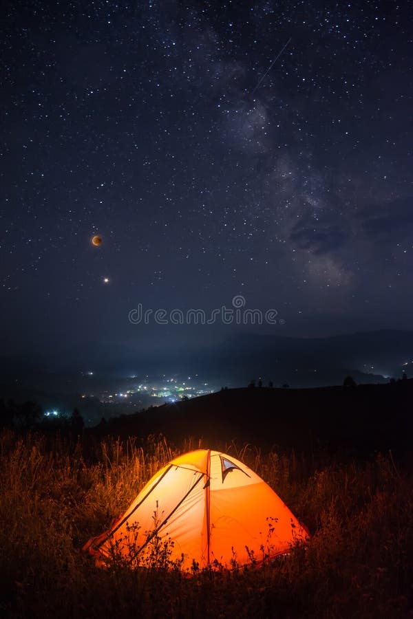 Camping Tent in a Mountain Valley with Total Moon Eclipse Stock Image ...