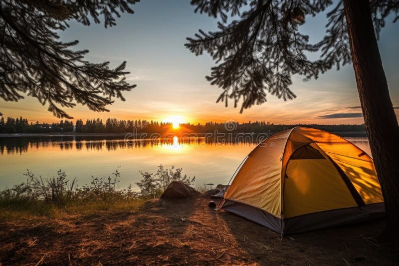 Camping Tent Next To a Lake at Sunset Stock Photo - Image of relaxation ...