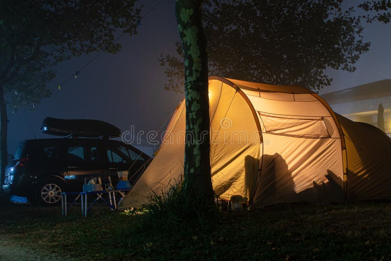 Camping Tent at Night in a Campsite Stock Image - Image of area ...