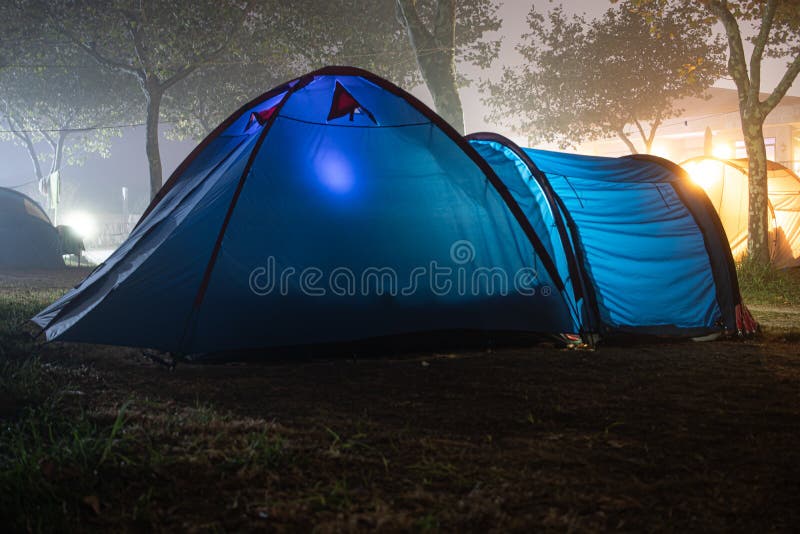 Camping Tent at Night in a Campsite Stock Image - Image of forest ...