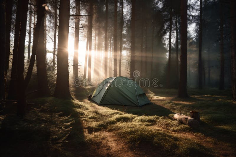 Camping Tent into a Pine Forest at Sunset. Adventure Concept Stock ...