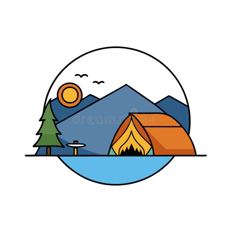 Camping Tent by Serene Lake during Sunset with Glowing Campfire. Stock ...