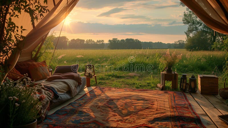 Camping Tent with Sunset View Over a Field Stock Illustration ...
