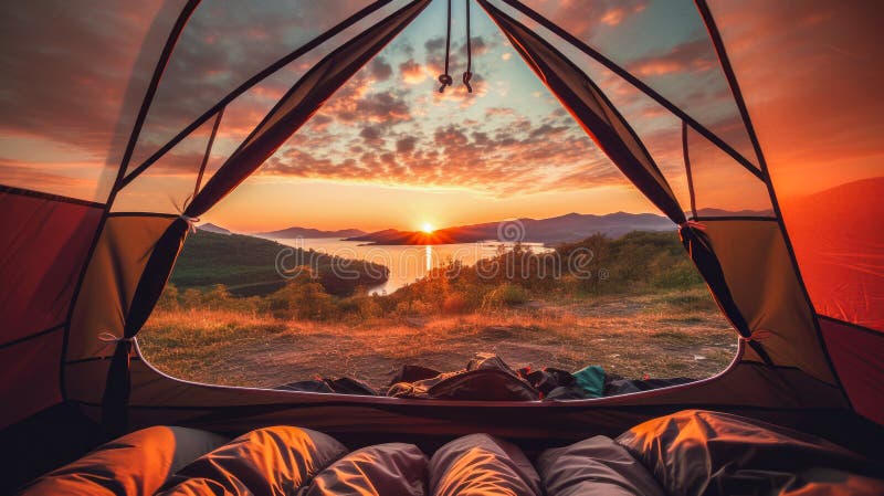 Camping Tent on the Top of the Mountain with Beautiful Sunrise View ...