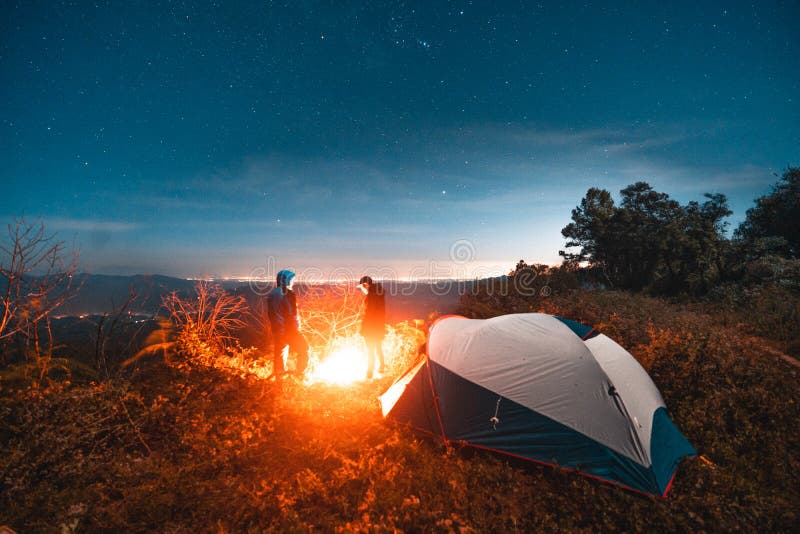 Big Bonfires in the Night. the Sand Coast of Lake Stock Photo - Image ...