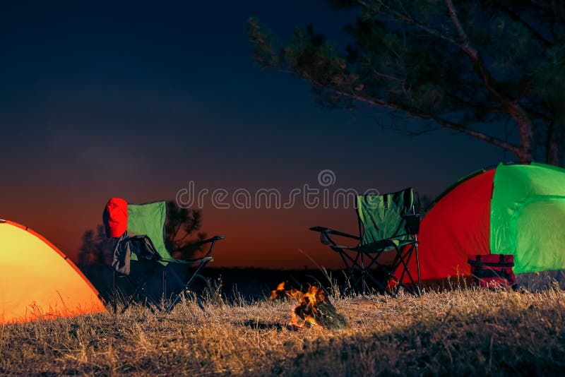 Camping Tents and Chairs in Wilderness at Night Stock Image - Image of ...