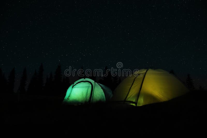 Camping Tents Glowing at Night Outdoors. Space for Text Stock Image ...