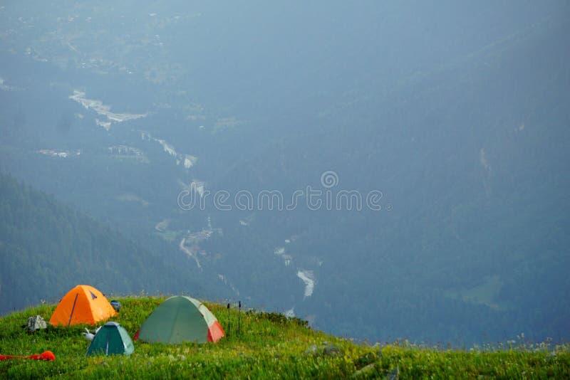Camping Tents with the View of Mountains in a Background Stock Image ...