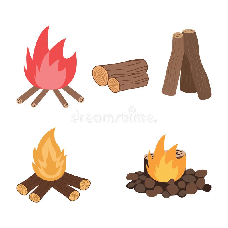 Camping Tool Elements Set of Bonfire Campfire Wood Hot Fire Flame Stock ...