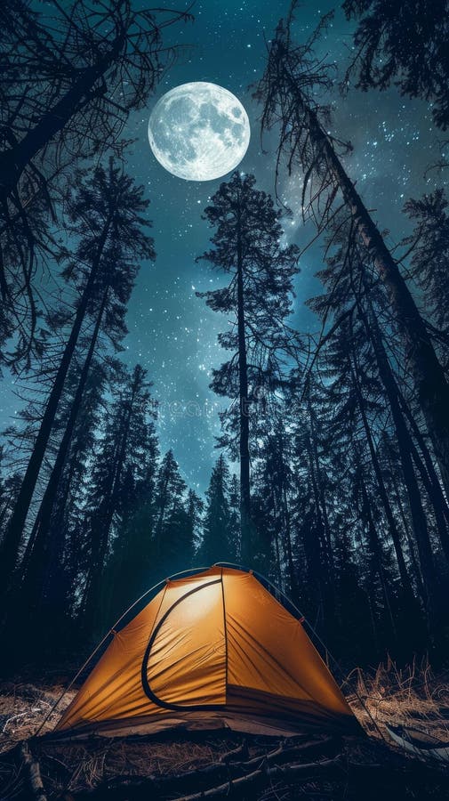 Camping Under a Full Moon in a Forest Stock Photo - Image of exploring ...