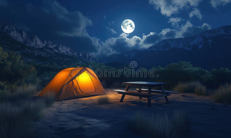 Camping Under a Full Moon with Illuminated Tent and Picnic Table in ...