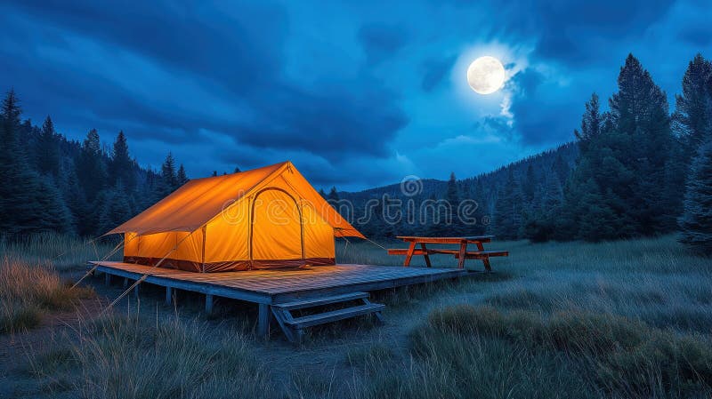 Camping Under Full Moon in Serene Forest Setting with Illuminated Tent ...