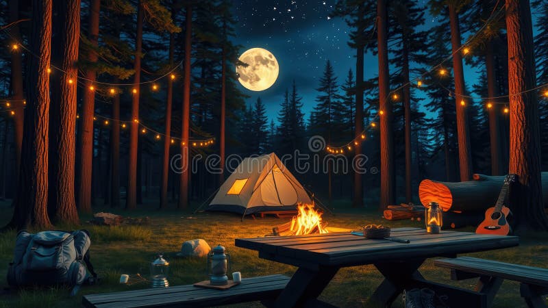 Camping Under the Moonlight with a Cozy Fire and Tent Surrounded by ...