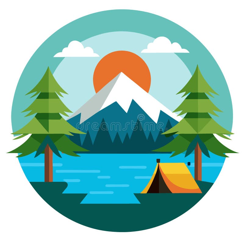 Camping Under Pine Trees Near a Sunny Lake in the Morning Copy Space ...