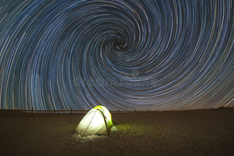 Camping Under Spiral Vortex Star Trails. Stock Image - Image of camp ...