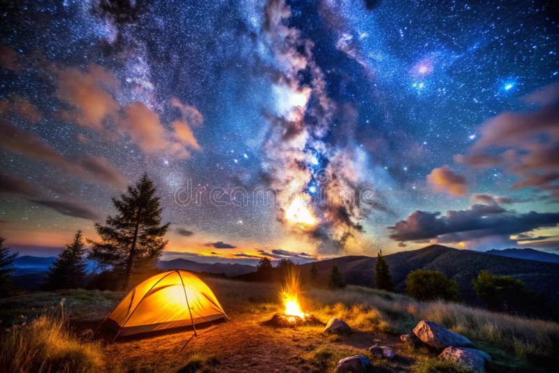 Camping Under Starry Sky â€ Nighttime Fire and Stars Stock Illustration ...