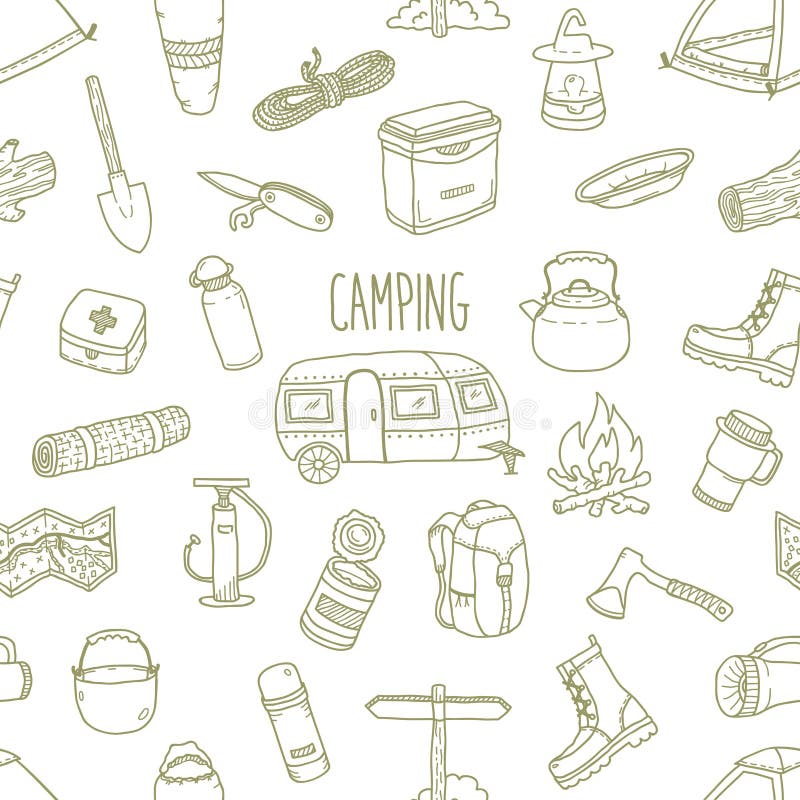 Camping Vector Hand Drawn Seamless Pattern Stock Vector - Illustration of lantern, hiking: 65769902