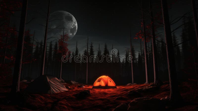 Illuminated Tent Under Moonlight in Forest Stock Illustration ...