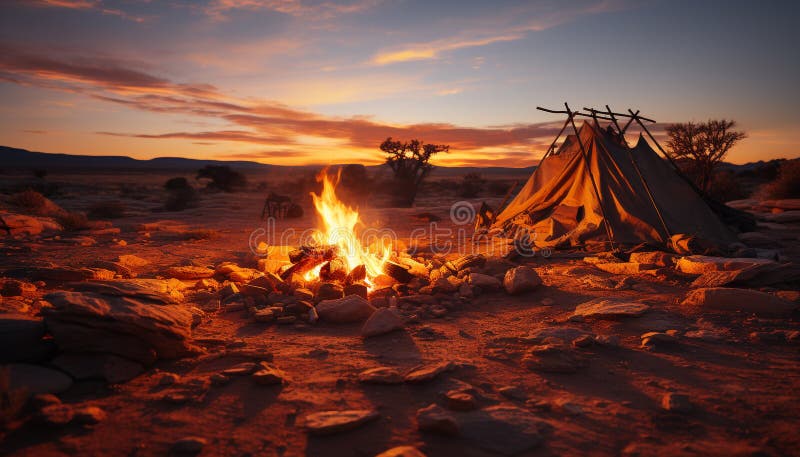 Camping in the Wilderness, a Tranquil Scene with Glowing Campfire ...