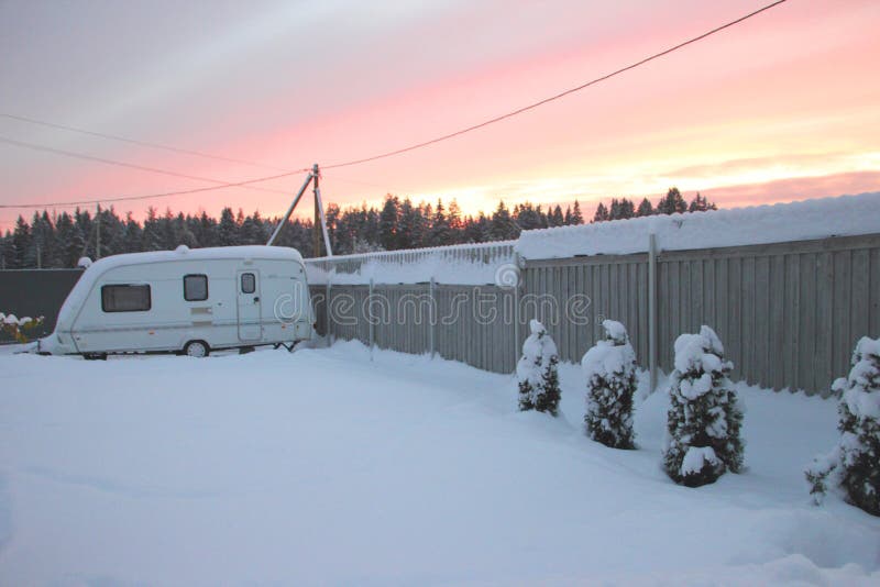 Camping in winter stock image. Image of caravan, white - 82213465