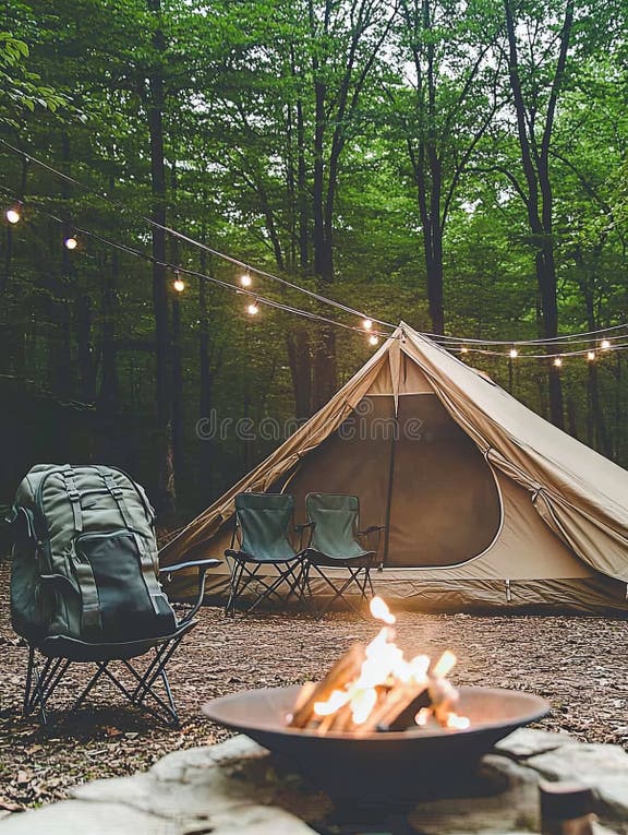 Camping in the Woods with a Cozy Fire, a Tent, and Chairs Under String ...
