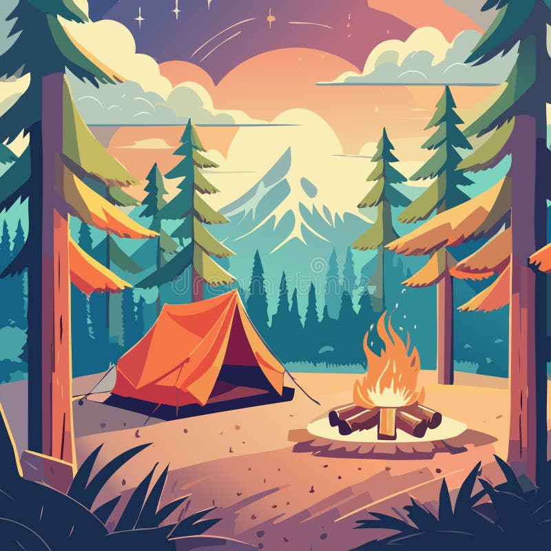 Camping in the Woods. Vector Illustration of a Campfire in the Forest ...
