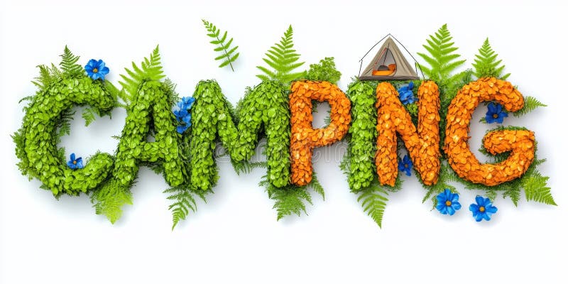 Camping Word Composed with Ferns, Flowers, and a Tiny Tent on an ...