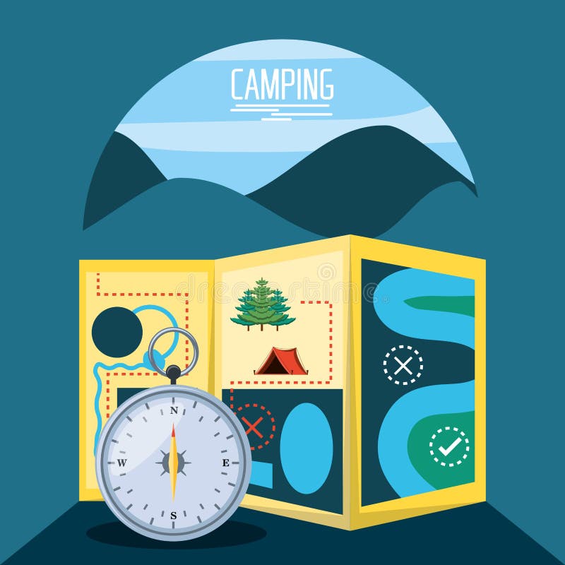 Camping Zone with Map and Compass Stock Vector - Illustration of garden ...
