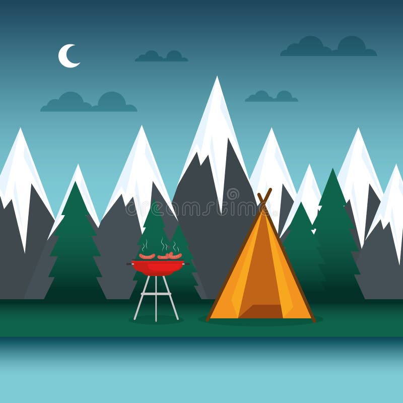 Camping Zone with Tent Scene Stock Vector - Illustration of mountains ...