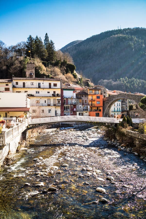 Stone bridge on Camprodon stock photo. Image of illuminated - 32325130