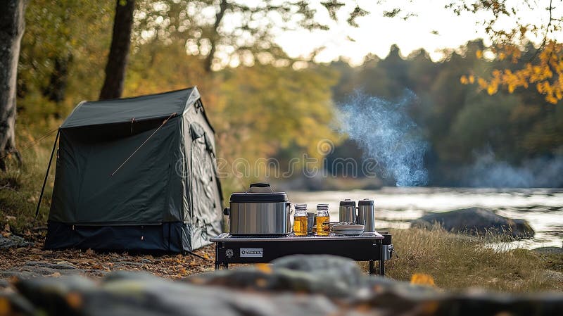 Campsite Cooking Setup beside a River, Autumn Leaves, Tent Stock ...