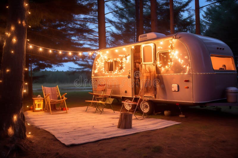 Campsite Dusk Camper Van Illuminated String Lights Stock Photos - Free ...