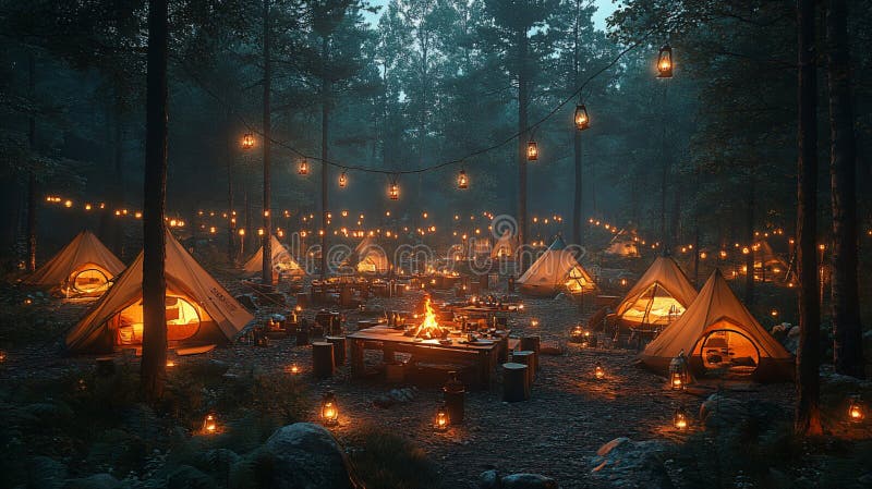 Campsite with Lit Lanterns in the Forest at Night Stock Image - Image ...