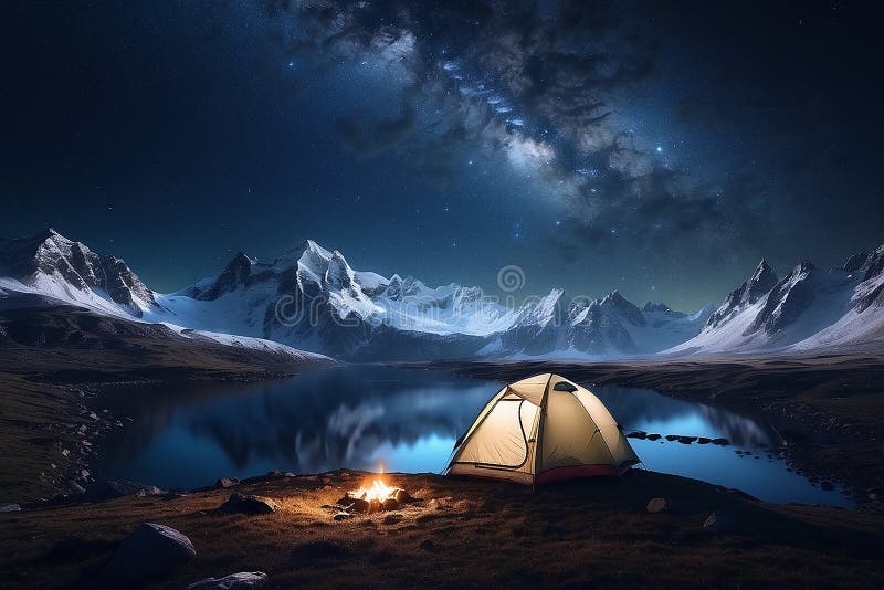 A Campsite in the Mountains at Night Stock Illustration - Illustration ...