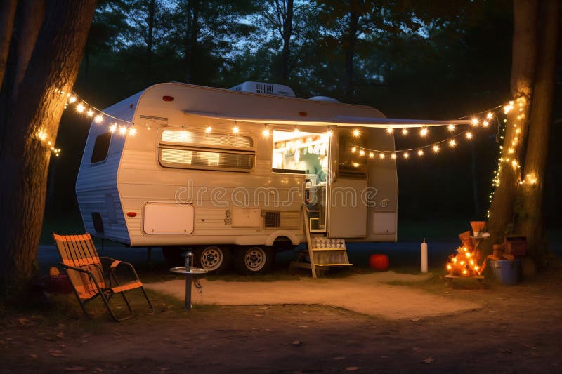 Campsite Rv with String Lights at Night Stock Photo - Image of nature ...