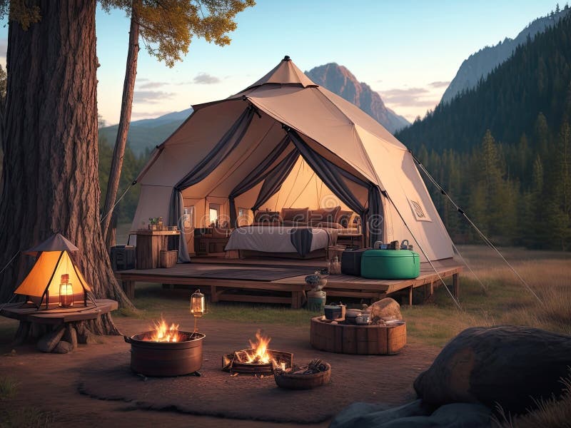 A Campsite on Scenic Nature Background. Glamping in the Countryside ...