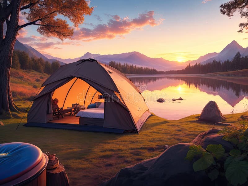 A Campsite on Scenic Nature Background. Glamping in the Countryside ...