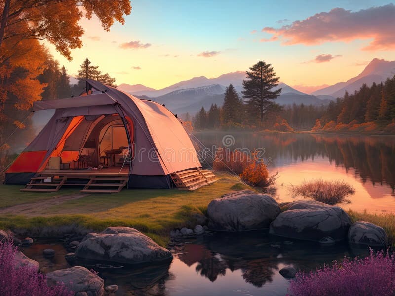 A Campsite on Scenic Nature Background. Glamping in the Countryside ...
