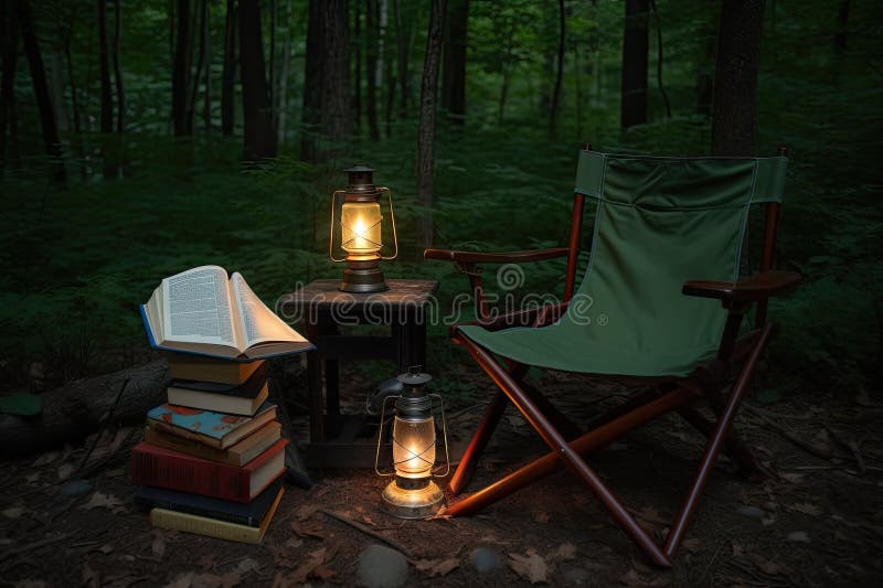 Campsite Setup with Lantern, Chair, and Book for Cozy Reading Stock ...