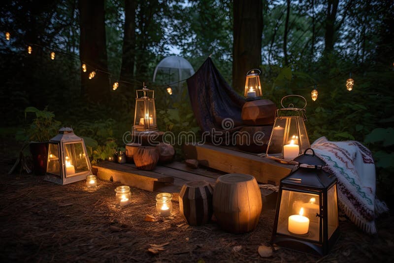 Campsite Setup with Lanterns and Candles, for a Cozy Nighttime ...