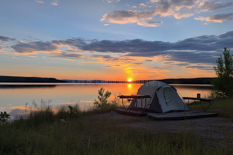 Campsite Setup with a View of the Sunset Over the Lake Stock ...