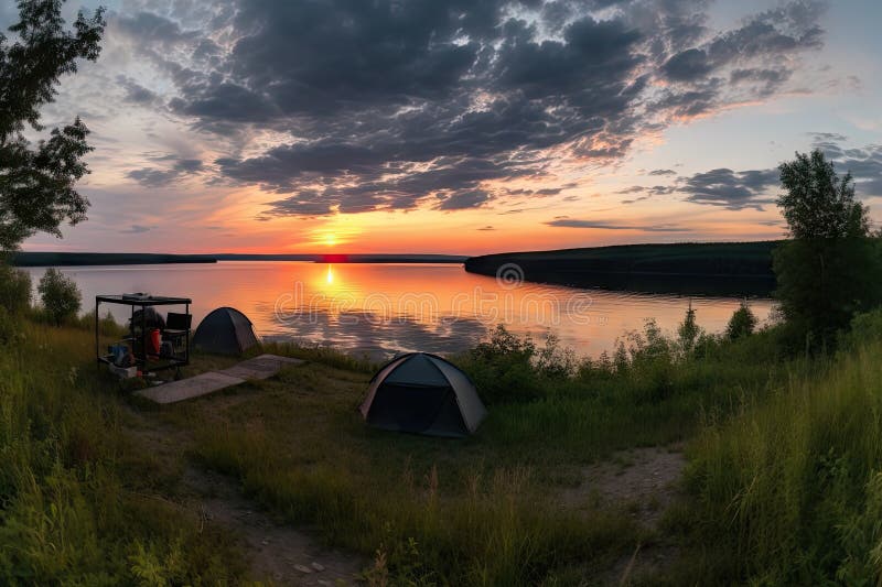 Campsite Setup with a View of the Sunset Over the Lake Stock ...